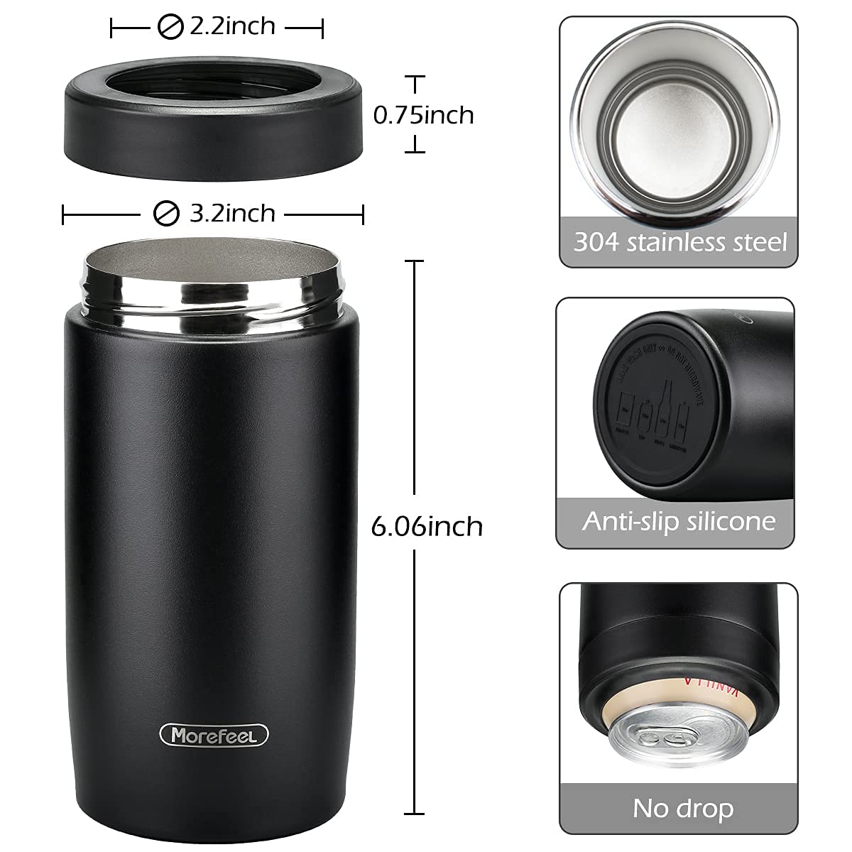 Morefeel 4-in-1 Skinny Can Cooler Double Wall Stainless Steel Insulated Can Holder, Works With 12 Oz Slim Can,Standard Cans,Beer Bottles & As Pint Cups(Black)