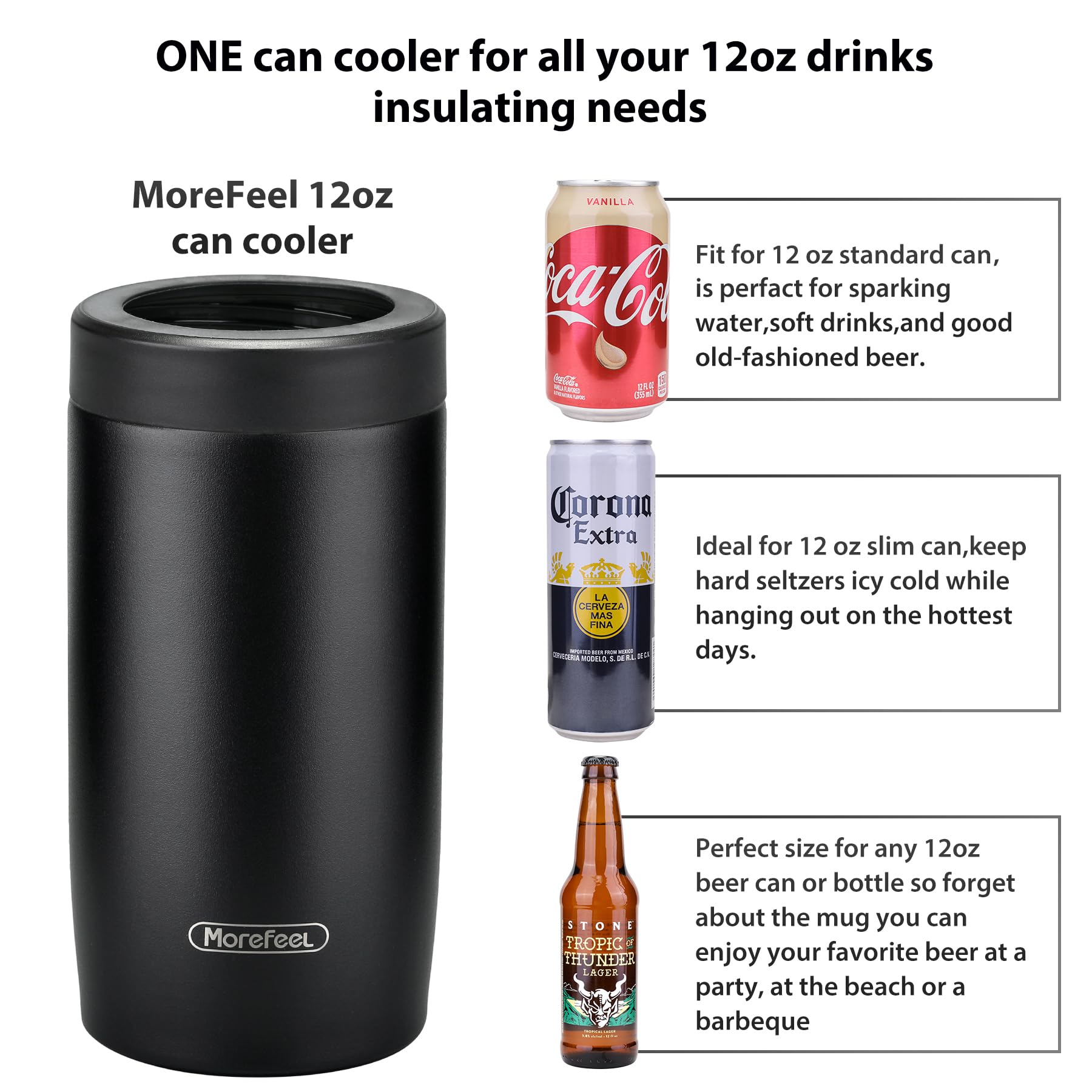 Morefeel 4-in-1 Skinny Can Cooler Double Wall Stainless Steel Insulated Can Holder, Works With 12 Oz Slim Can,Standard Cans,Beer Bottles & As Pint Cups(Black)