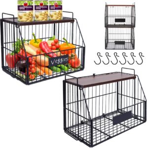 liteviso 2pcs large fruit basket onion storage wire baskets with wood lid, stackable wall-mounted countertop tiered kitchen counter organizer for snack fruit and vegetable storage, 13*8.66*9.45inches