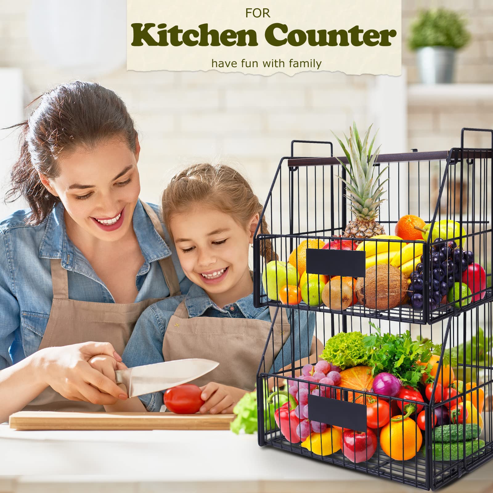 LiteViso 2pcs Large Fruit Basket Onion Storage Wire Baskets with Wood Lid, Stackable Wall-mounted Countertop Tiered Kitchen Counter Organizer for Snack Fruit and Vegetable Storage, 13*8.66*9.45Inches