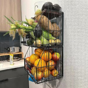 LiteViso 2pcs Large Fruit Basket Onion Storage Wire Baskets with Wood Lid, Stackable Wall-mounted Countertop Tiered Kitchen Counter Organizer for Snack Fruit and Vegetable Storage, 13*8.66*9.45Inches