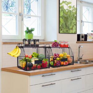 LiteViso 2pcs Large Fruit Basket Onion Storage Wire Baskets with Wood Lid, Stackable Wall-mounted Countertop Tiered Kitchen Counter Organizer for Snack Fruit and Vegetable Storage, 13*8.66*9.45Inches