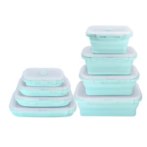 Collapsible Silicone Food Storage Containers with Lids, Set of 4 Rectangle Bowls for Travel Camping Organization, Flat Box Stacks, RV Kitchen Accessories Must Haves, BPA Free, Microwavable, Blue