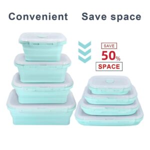 Collapsible Silicone Food Storage Containers with Lids, Set of 4 Rectangle Bowls for Travel Camping Organization, Flat Box Stacks, RV Kitchen Accessories Must Haves, BPA Free, Microwavable, Blue