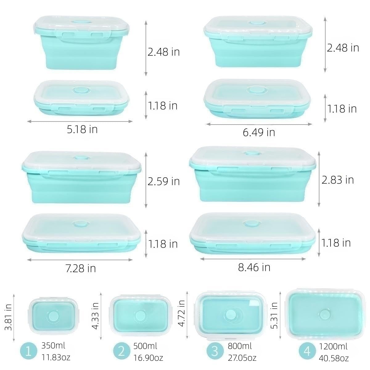 Collapsible Silicone Food Storage Containers with Lids, Set of 4 Rectangle Bowls for Travel Camping Organization, Flat Box Stacks, RV Kitchen Accessories Must Haves, BPA Free, Microwavable, Blue