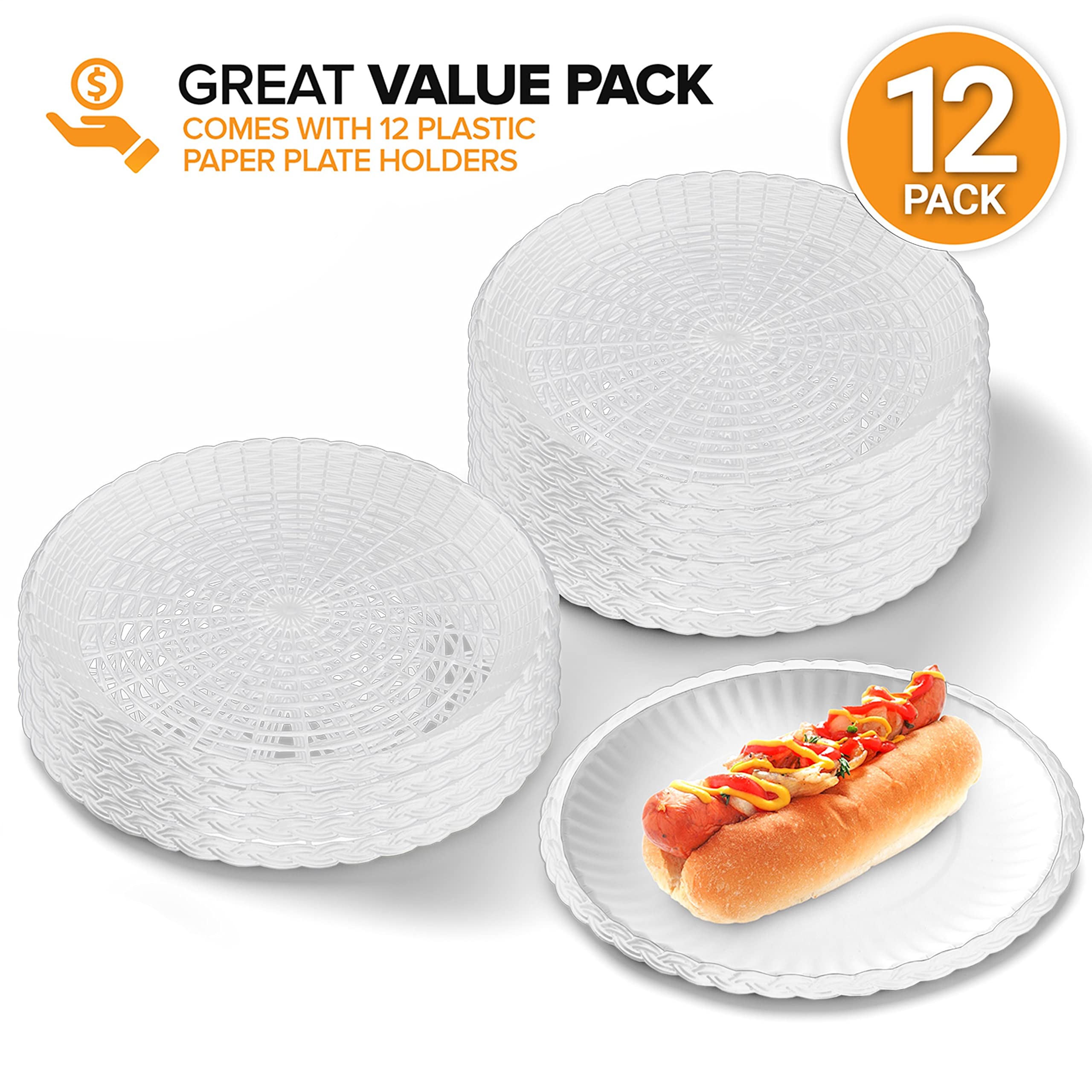 Stock Your Home 9” Paper Plate Holder in White (12 Count) - Paper Plate Holders Plastic Heavy Duty - Plastic Paper Plate Holder - Woven Paper Plate Holder - Paper Plate Holders Reusable