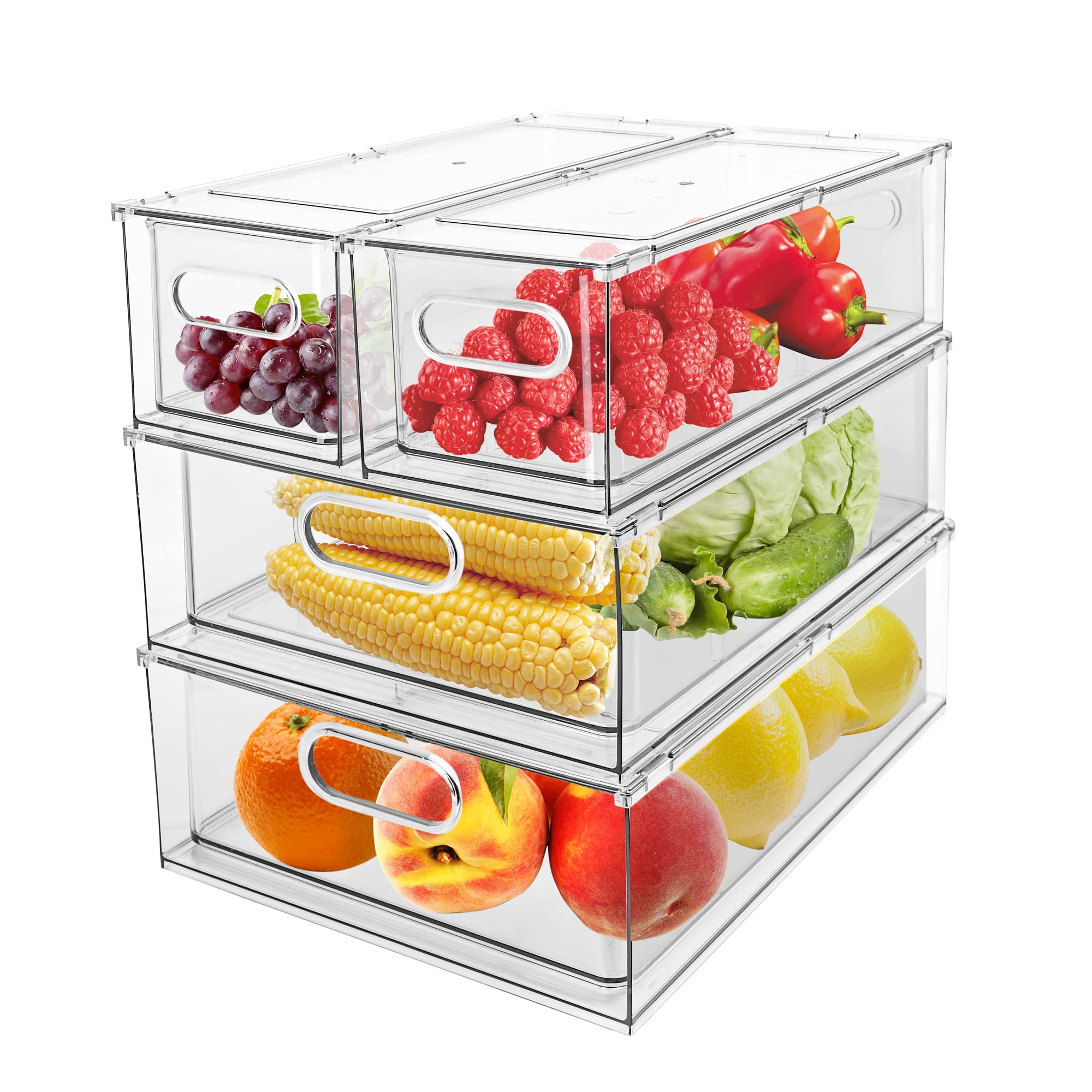 Greenby 4 Pack Refrigerator Organizer Bins with Pull-out Drawer Stackable Clear Fridge Drawer Organizer Fruit Vegetable Storage Containers for Kitchen Pantry Organization (2 Large+2 Small)