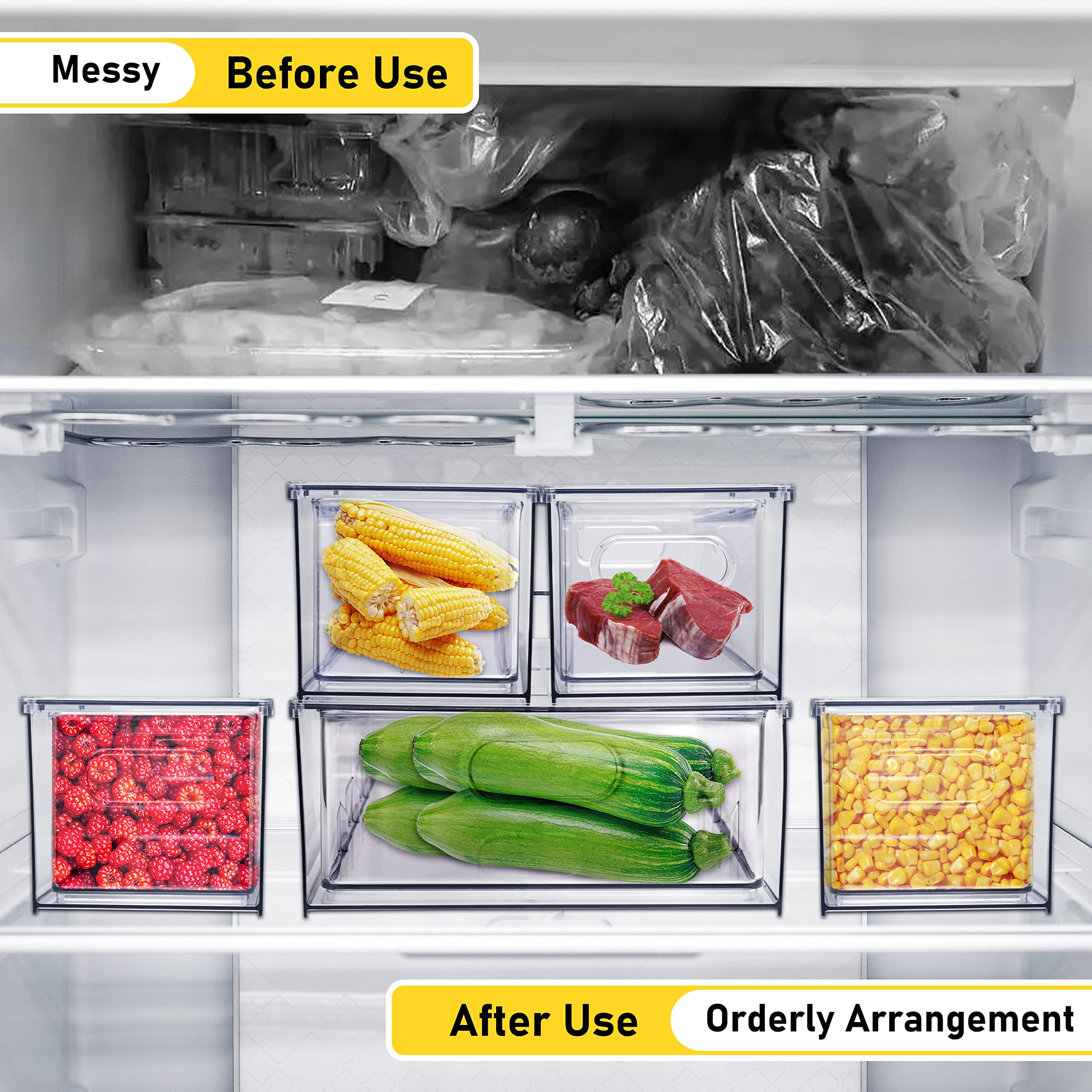 Greenby 4 Pack Refrigerator Organizer Bins with Pull-out Drawer Stackable Clear Fridge Drawer Organizer Fruit Vegetable Storage Containers for Kitchen Pantry Organization (2 Large+2 Small)