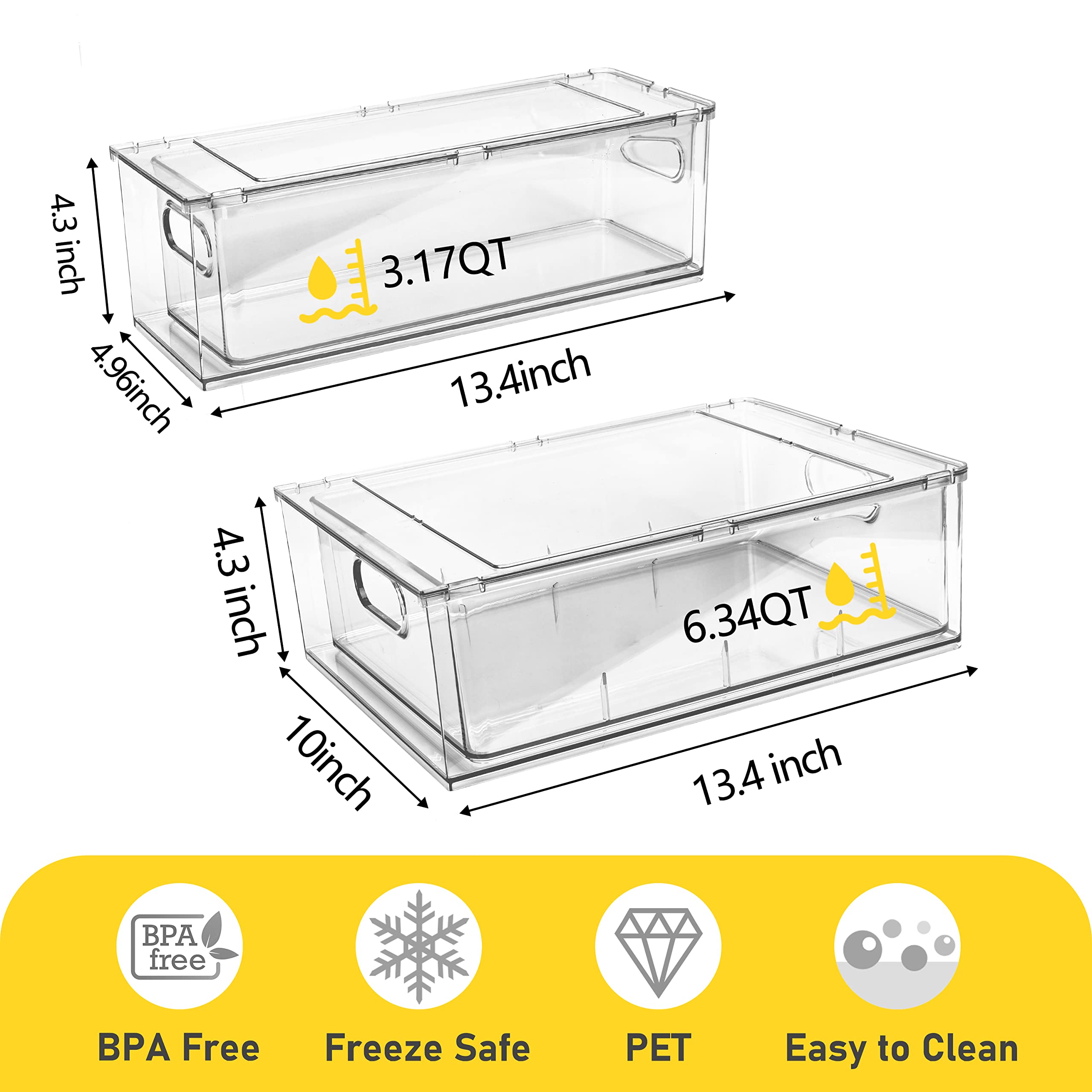 Greenby 4 Pack Refrigerator Organizer Bins with Pull-out Drawer Stackable Clear Fridge Drawer Organizer Fruit Vegetable Storage Containers for Kitchen Pantry Organization (2 Large+2 Small)