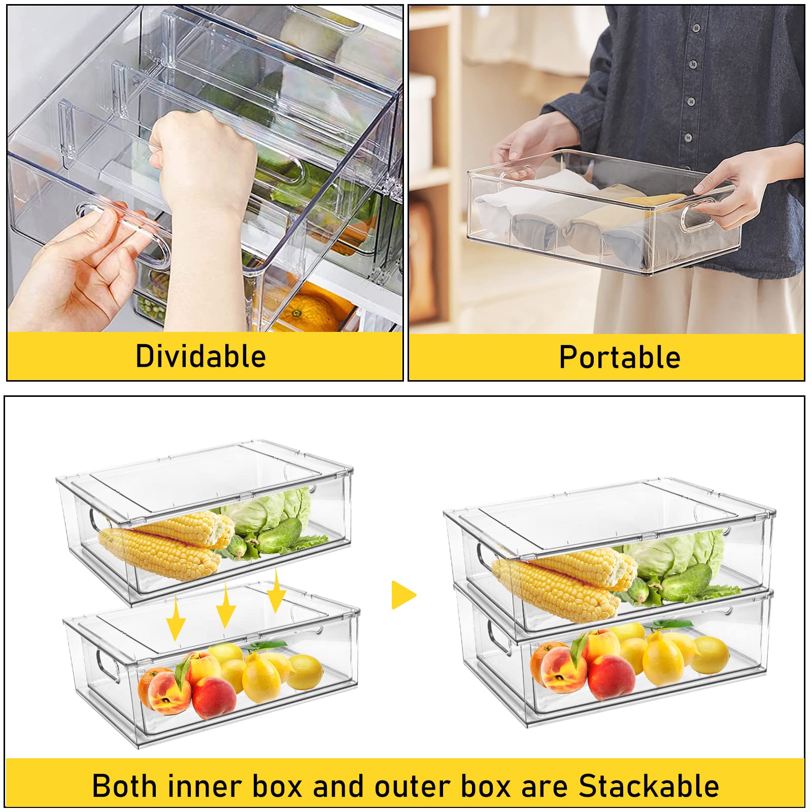 Greenby 4 Pack Refrigerator Organizer Bins with Pull-out Drawer Stackable Clear Fridge Drawer Organizer Fruit Vegetable Storage Containers for Kitchen Pantry Organization (2 Large+2 Small)