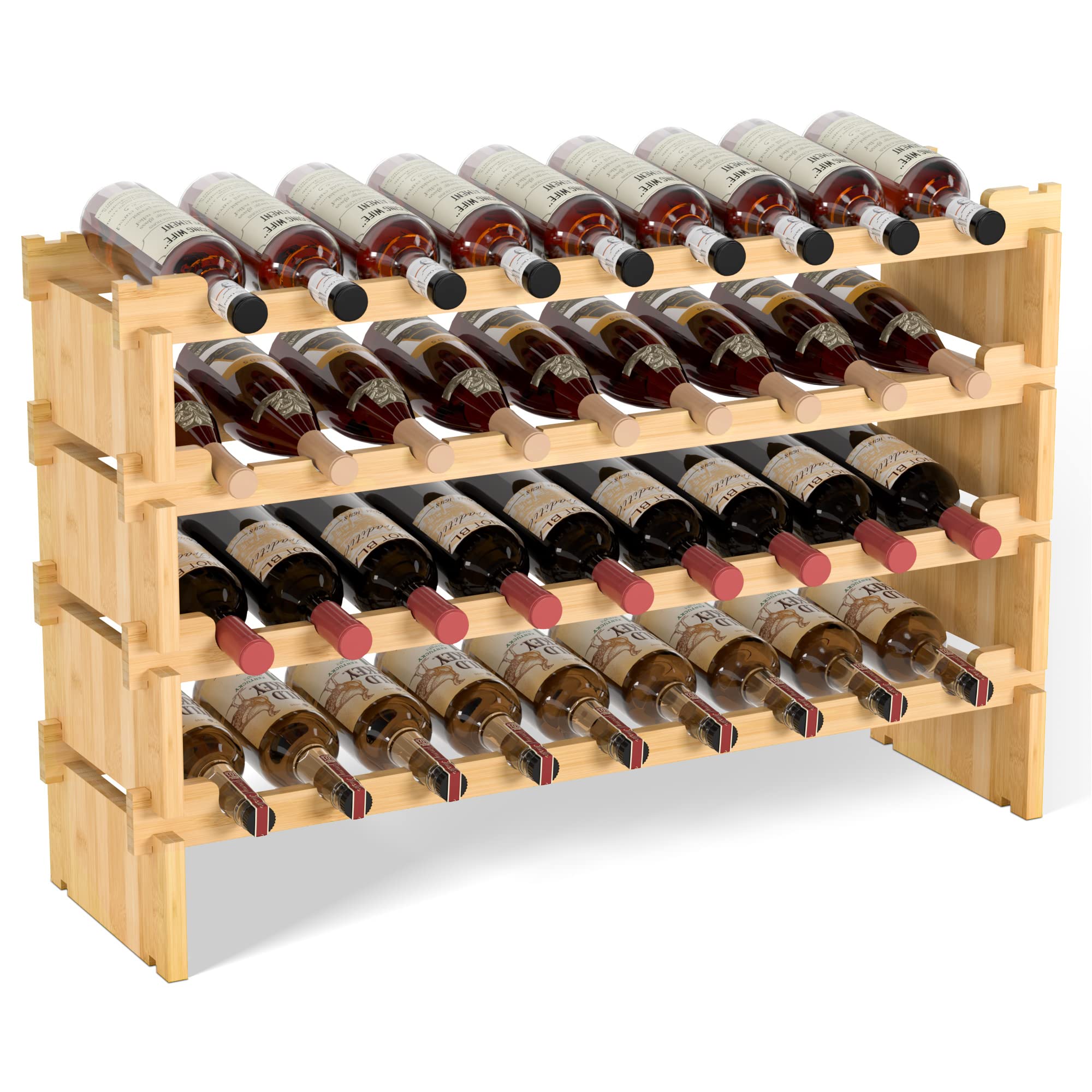 Domax Wine Rack Freestanding Floor - 4 Tiers Stackable Wine Rack 36 Bottle Wine Bottle Holder， Bamboo Wine Holder Wine Storage for Kitchen, Bar, Pantry, Wine Cellar and Countertop (Yellow)