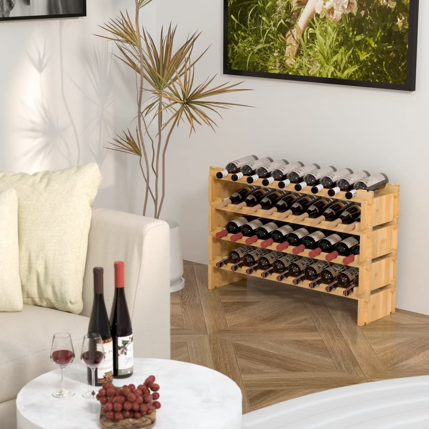 Domax Wine Rack Freestanding Floor - 4 Tiers Stackable Wine Rack 36 Bottle Wine Bottle Holder， Bamboo Wine Holder Wine Storage for Kitchen, Bar, Pantry, Wine Cellar and Countertop (Yellow)