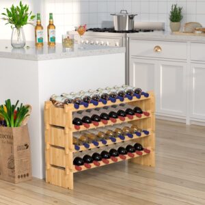 Domax Wine Rack Freestanding Floor - 4 Tiers Stackable Wine Rack 36 Bottle Wine Bottle Holder， Bamboo Wine Holder Wine Storage for Kitchen, Bar, Pantry, Wine Cellar and Countertop (Yellow)