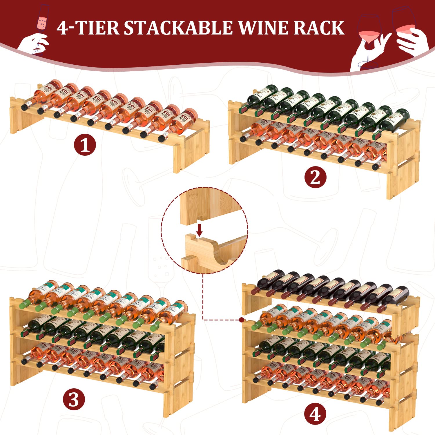 Domax Wine Rack Freestanding Floor - 4 Tiers Stackable Wine Rack 36 Bottle Wine Bottle Holder， Bamboo Wine Holder Wine Storage for Kitchen, Bar, Pantry, Wine Cellar and Countertop (Yellow)