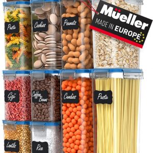 Mueller Food Storage Containers with Lids Airtight, 14-Piece Cereal Containers Storage, Kitchen & Pantry Organization Storage with 14 Labels, 4 Measuring Cups and Marker, Dark Blue