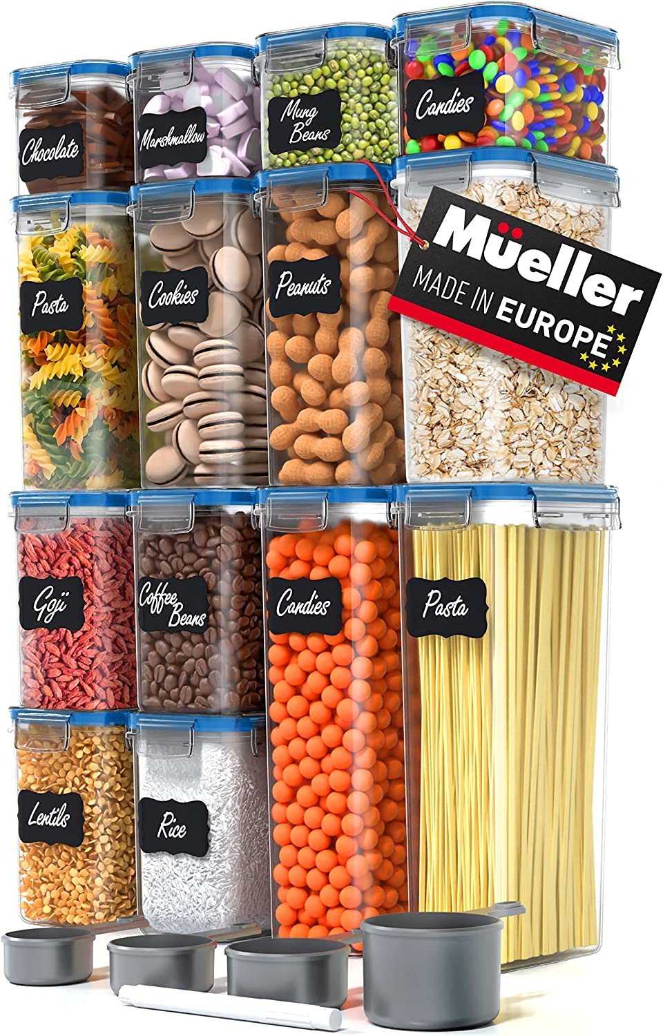 Mueller Food Storage Containers with Lids Airtight, 14-Piece Cereal Containers Storage, Kitchen & Pantry Organization Storage with 14 Labels, 4 Measuring Cups and Marker, Dark Blue