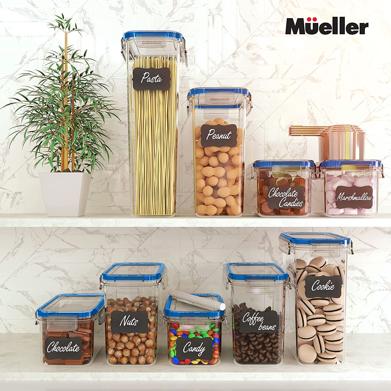 Mueller Food Storage Containers with Lids Airtight, 14-Piece Cereal Containers Storage, Kitchen & Pantry Organization Storage with 14 Labels, 4 Measuring Cups and Marker, Dark Blue