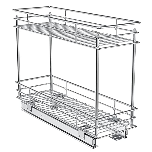 ROOMTEC Pull Out Cabinet Organizer for Narrow Cabinet (5" W X 21" D), Kitchen Cabinet Organizer and Storage 2-Tier Cabinet Pull Out Shelves Under Cabinet Storage for Kitchen, Chrome