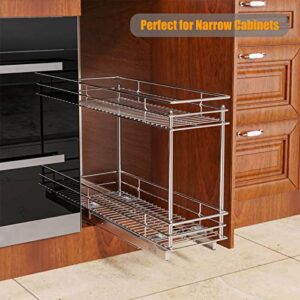 ROOMTEC Pull Out Cabinet Organizer for Narrow Cabinet (5" W X 21" D), Kitchen Cabinet Organizer and Storage 2-Tier Cabinet Pull Out Shelves Under Cabinet Storage for Kitchen, Chrome