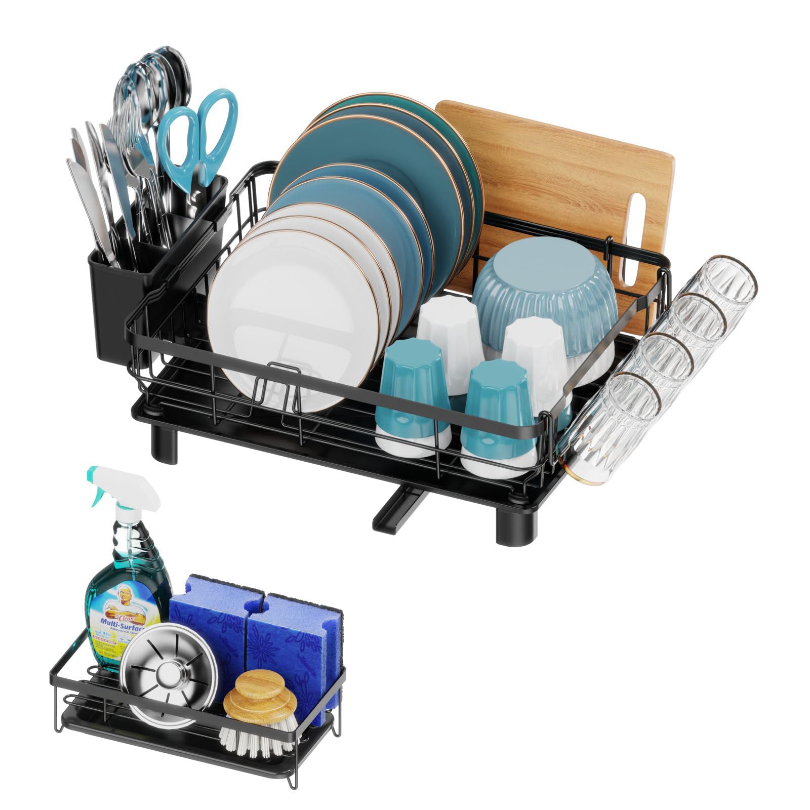 GSlife 2 in Set of Dish Drying Rack and Sink Caddy - Dish Rack for Kitchen Counter with Slots, Utensil Holder, Cup Holder, Cutting Board Holder, Black