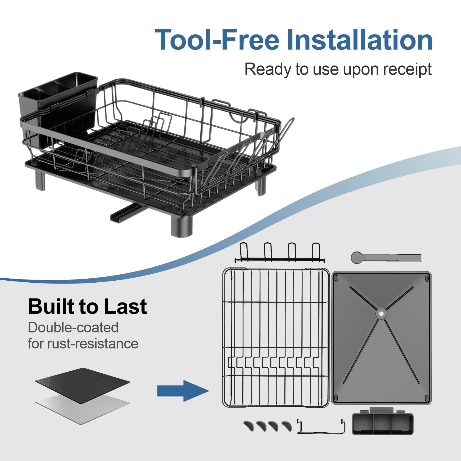 GSlife 2 in Set of Dish Drying Rack and Sink Caddy - Dish Rack for Kitchen Counter with Slots, Utensil Holder, Cup Holder, Cutting Board Holder, Black