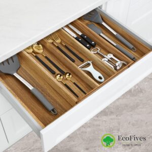 EcoFives Luxury Acacia Silverware Organizer -Kitchen Drawer Organizer - Utensil Holder and Cutlery Organizer with Grooved Drawer Dividers for Flatware and Kitchen Utensils (5 Slot)