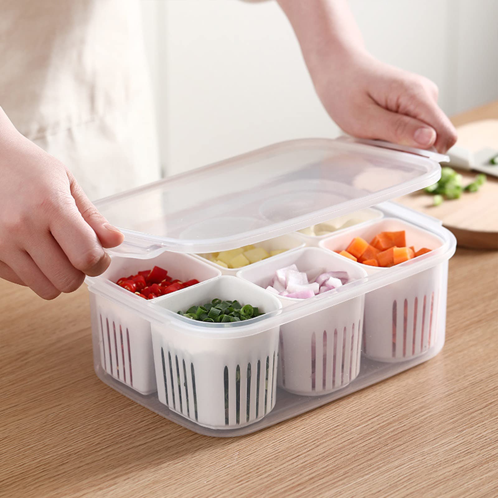 MANMAOHE Fridge Food Storage Containers with Lids Airtight Refrigerator Food Fresh Box with 6 Pcs Detachable Drain Basket Vegetables Sealed Keeper for Ginger Garlic Onion