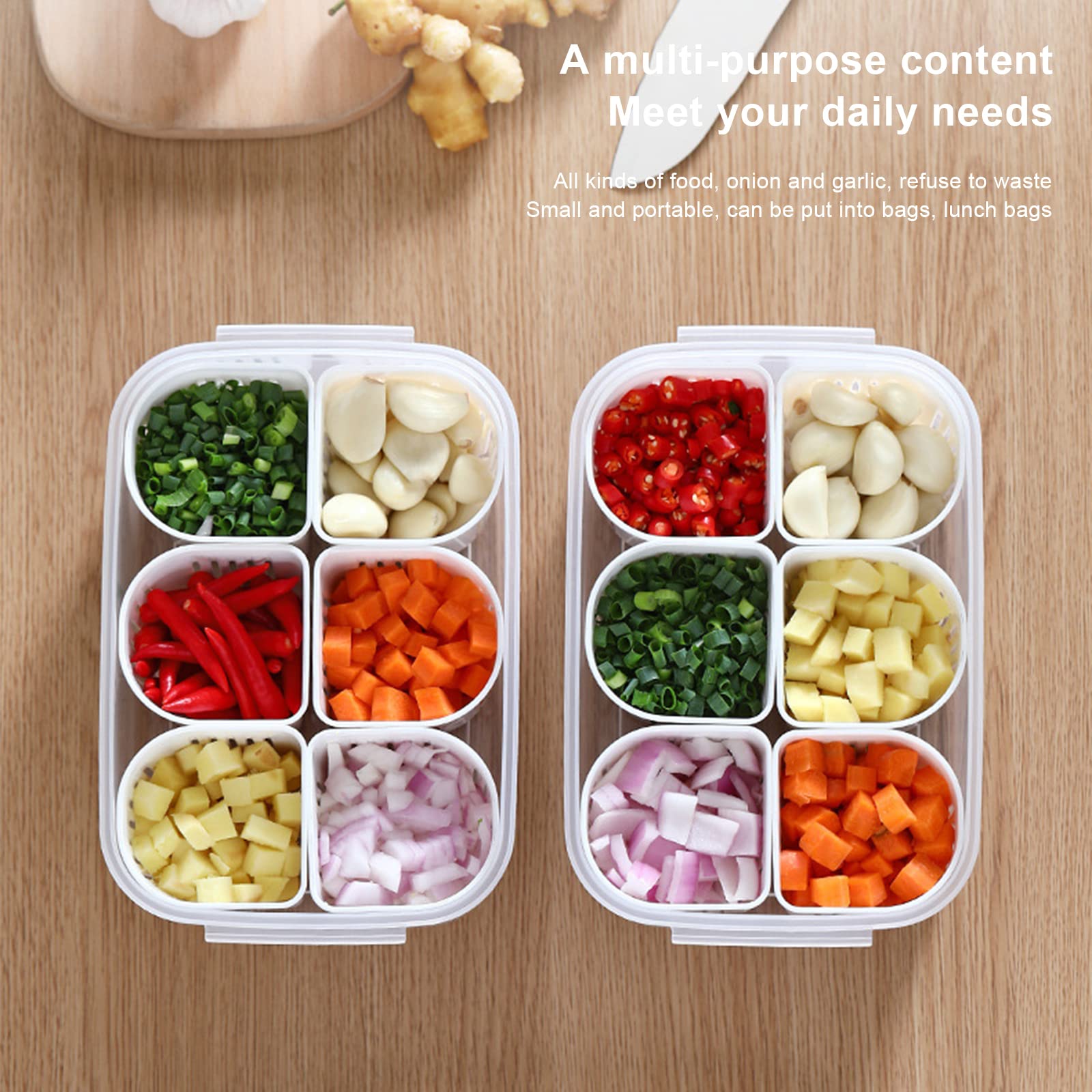 MANMAOHE Fridge Food Storage Containers with Lids Airtight Refrigerator Food Fresh Box with 6 Pcs Detachable Drain Basket Vegetables Sealed Keeper for Ginger Garlic Onion