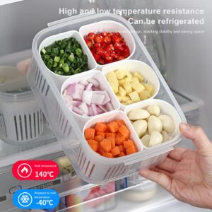 MANMAOHE Fridge Food Storage Containers with Lids Airtight Refrigerator Food Fresh Box with 6 Pcs Detachable Drain Basket Vegetables Sealed Keeper for Ginger Garlic Onion