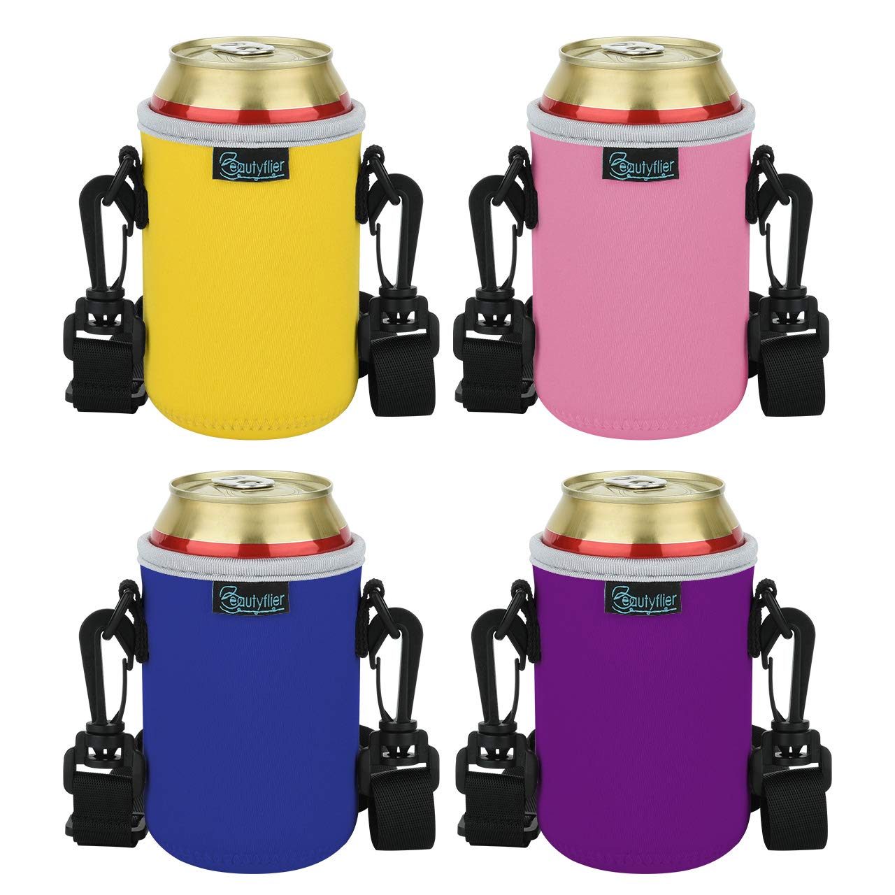 Beautyflier Neoprene Can Sleeve with Adjustable Shoulder Strap Insulator Carrier Holder for 12 Ounce Energy Drink Beverage Beer Can (standard 12 oz can sleeve,4pcs)