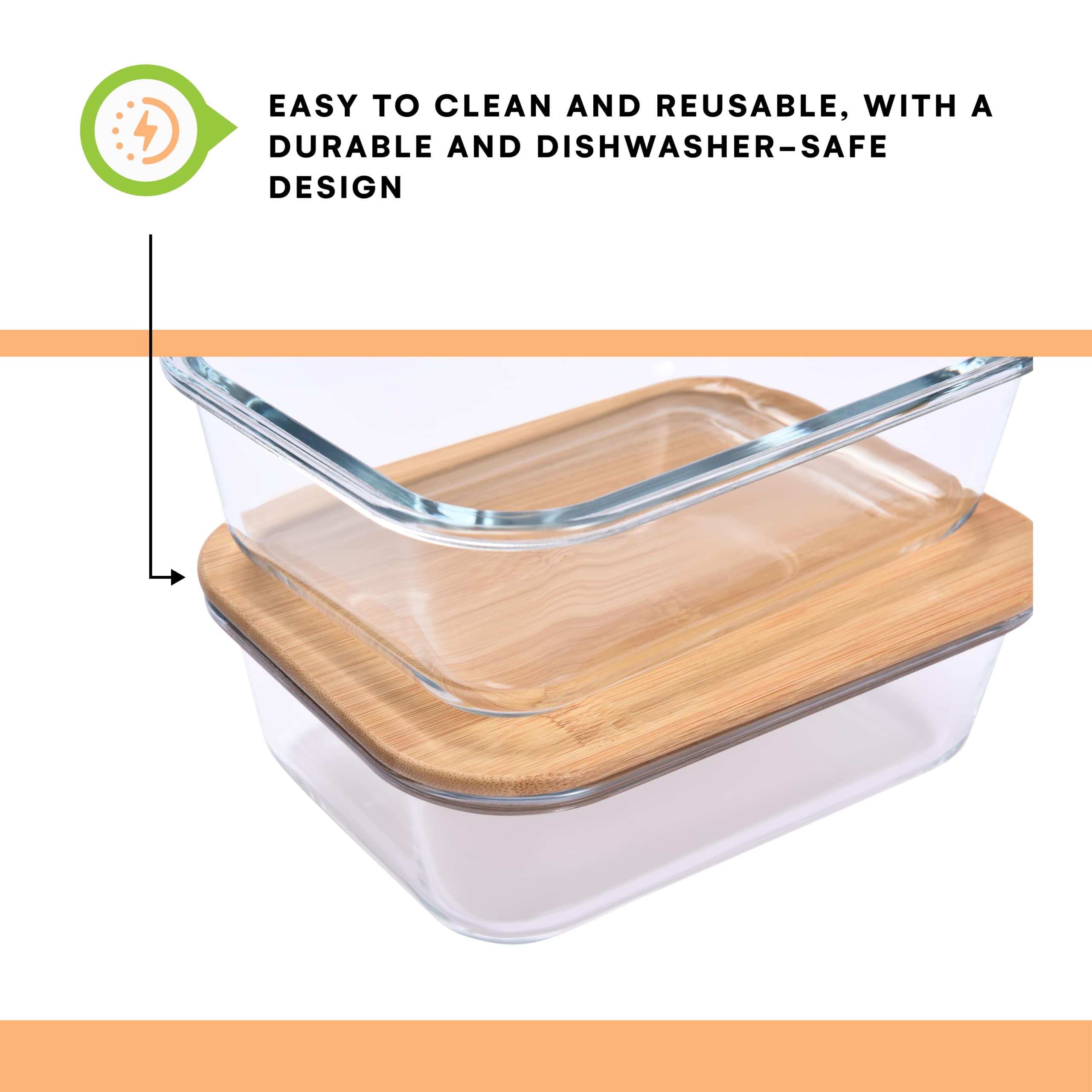 Glass Food Storage Containers with Bamboo Lids (Pack of 2) - Stackable Meal Prep Container - Airtight Glass Food Containers with Lids - Microwave, Dishwasher Safe - Reusable Glass Lunch Pack - 36 Oz