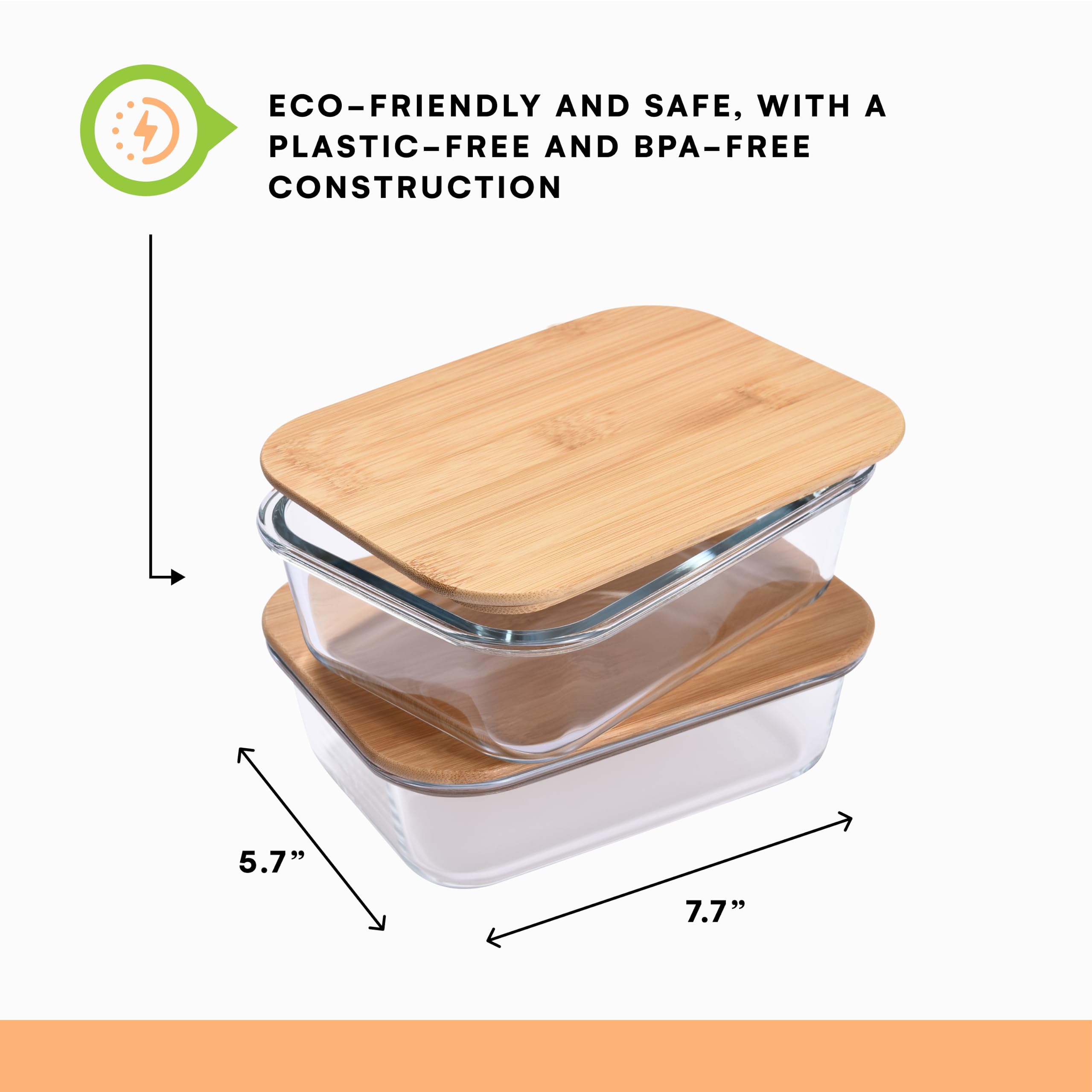 Glass Food Storage Containers with Bamboo Lids (Pack of 2) - Stackable Meal Prep Container - Airtight Glass Food Containers with Lids - Microwave, Dishwasher Safe - Reusable Glass Lunch Pack - 36 Oz