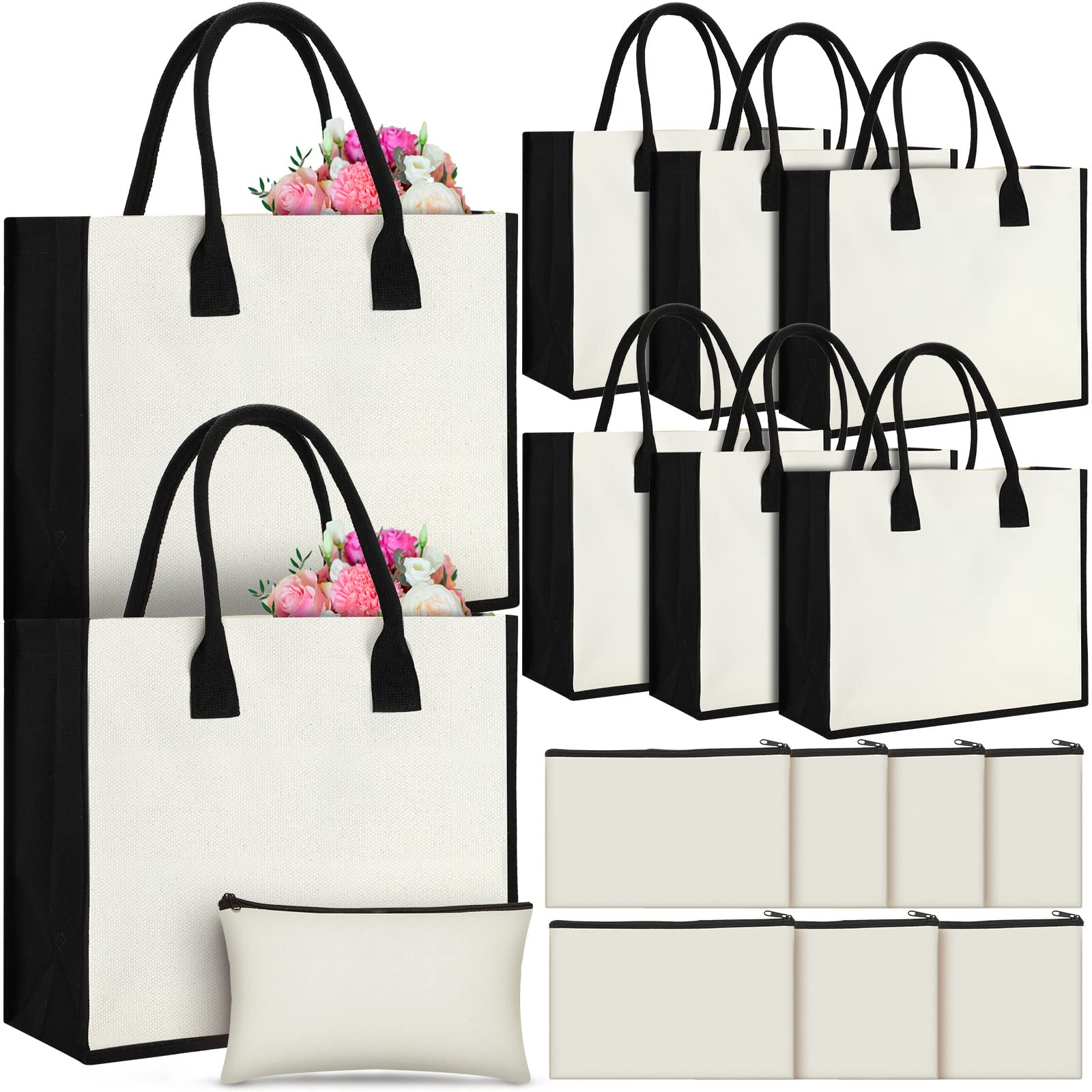 16 Pcs Canvas Tote Bag with Canvas Makeup Bag Set Initial Beach Tote Bag with Handles DIY Canvas Grocery Bag Washable Blank Canvas Bags for Shopping Beach Travel Bridesmaid Bride Wedding Birthday Gift