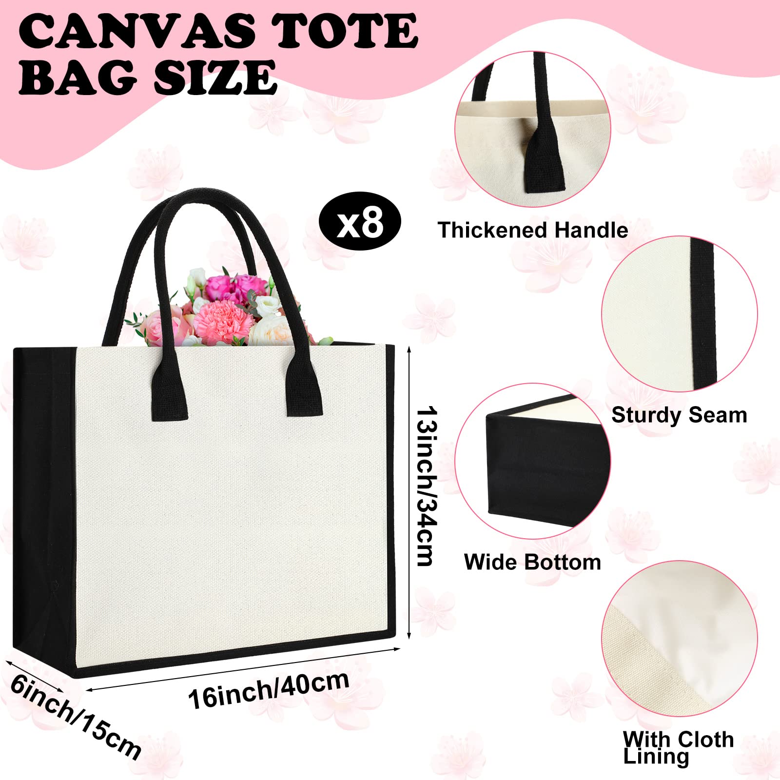 16 Pcs Canvas Tote Bag with Canvas Makeup Bag Set Initial Beach Tote Bag with Handles DIY Canvas Grocery Bag Washable Blank Canvas Bags for Shopping Beach Travel Bridesmaid Bride Wedding Birthday Gift