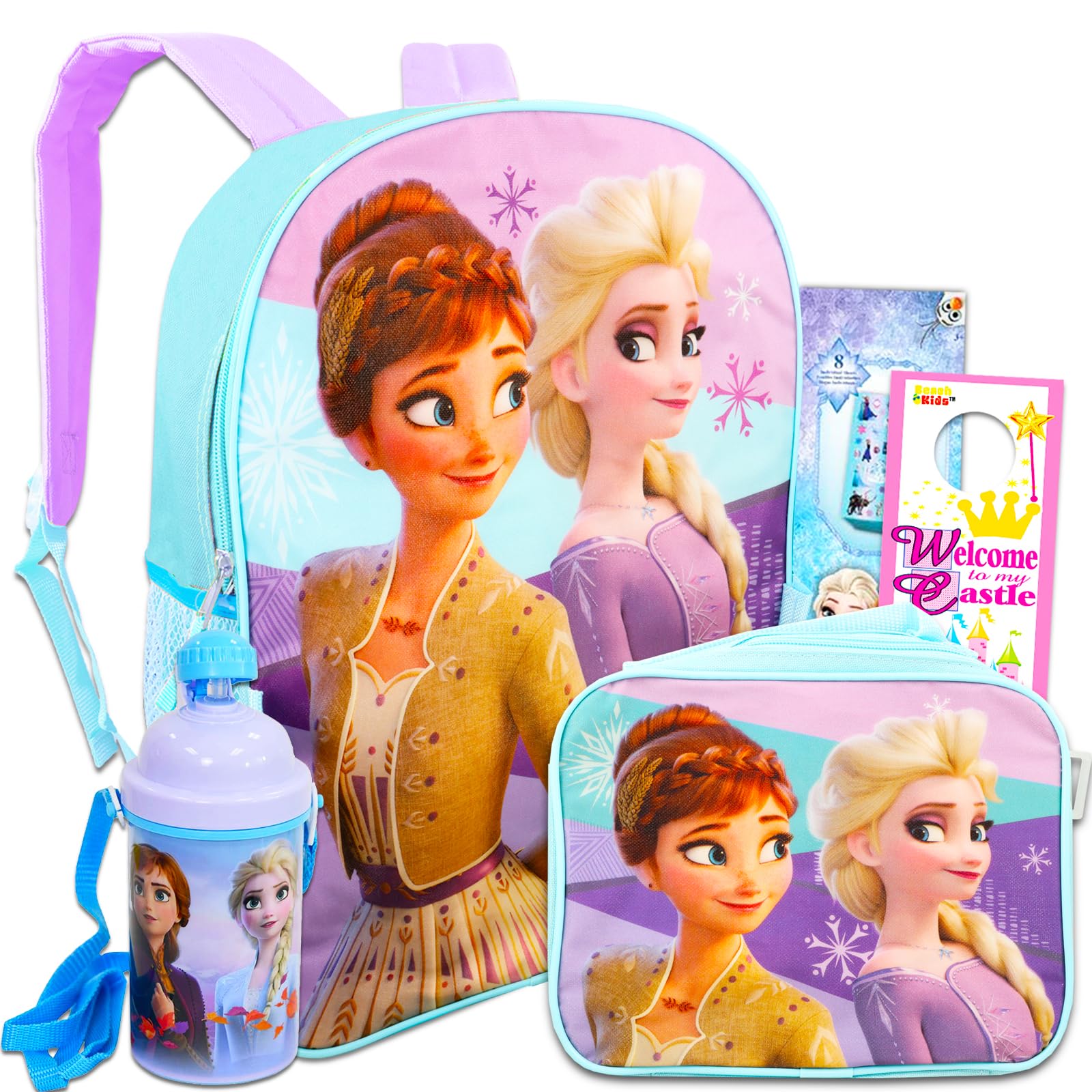 Disney Frozen Anna and Elsa Backpack School Supplies Set for Girls ~ Bundle with 16" Frozen School Bag, Lunch Bag, Plastic Water Bottle, Frozen Stickers, and More.