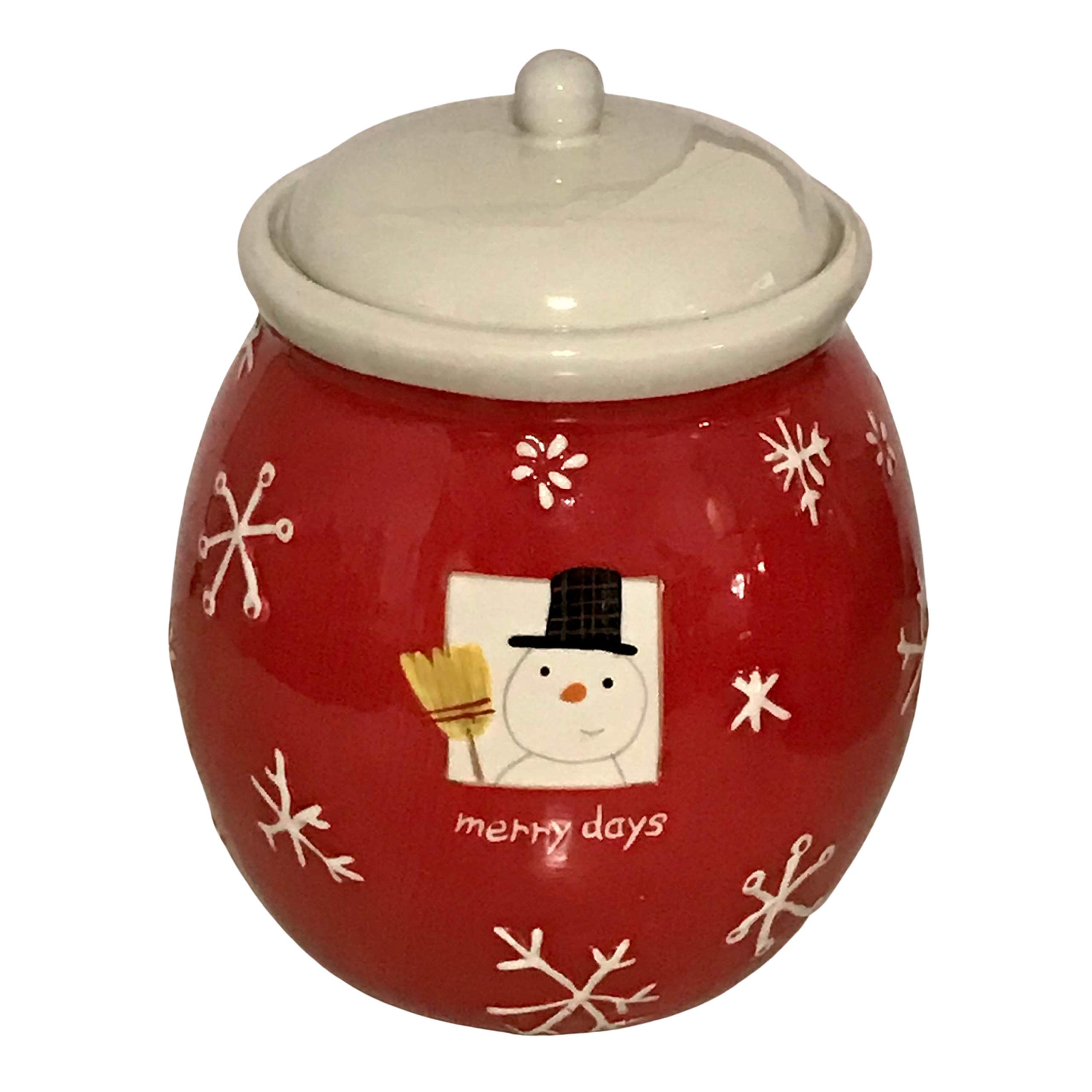 Hallmark MERRY DAYS Red Snowman Cookie Jar w/snowflakes