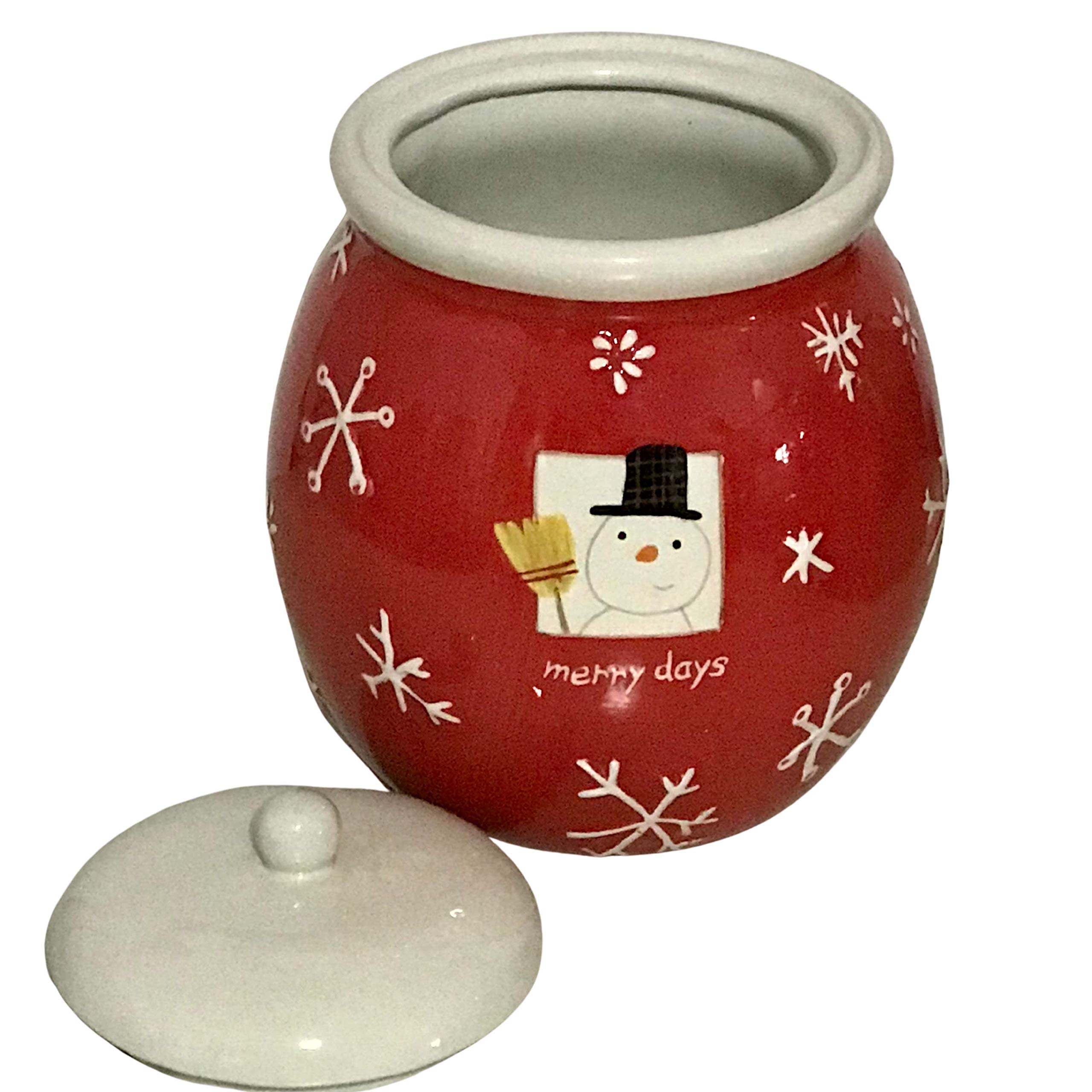 Hallmark MERRY DAYS Red Snowman Cookie Jar w/snowflakes