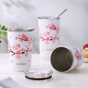 BYBYCD Thermos Cup Vacuum Flask Coffee Tumbler Stainless Steel with lid Double Layer Leak-Proof Cherry Blossom Insulated Water Bottle(560ml)