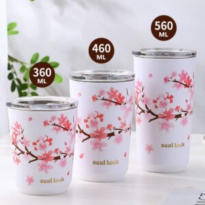 BYBYCD Thermos Cup Vacuum Flask Coffee Tumbler Stainless Steel with lid Double Layer Leak-Proof Cherry Blossom Insulated Water Bottle(560ml)