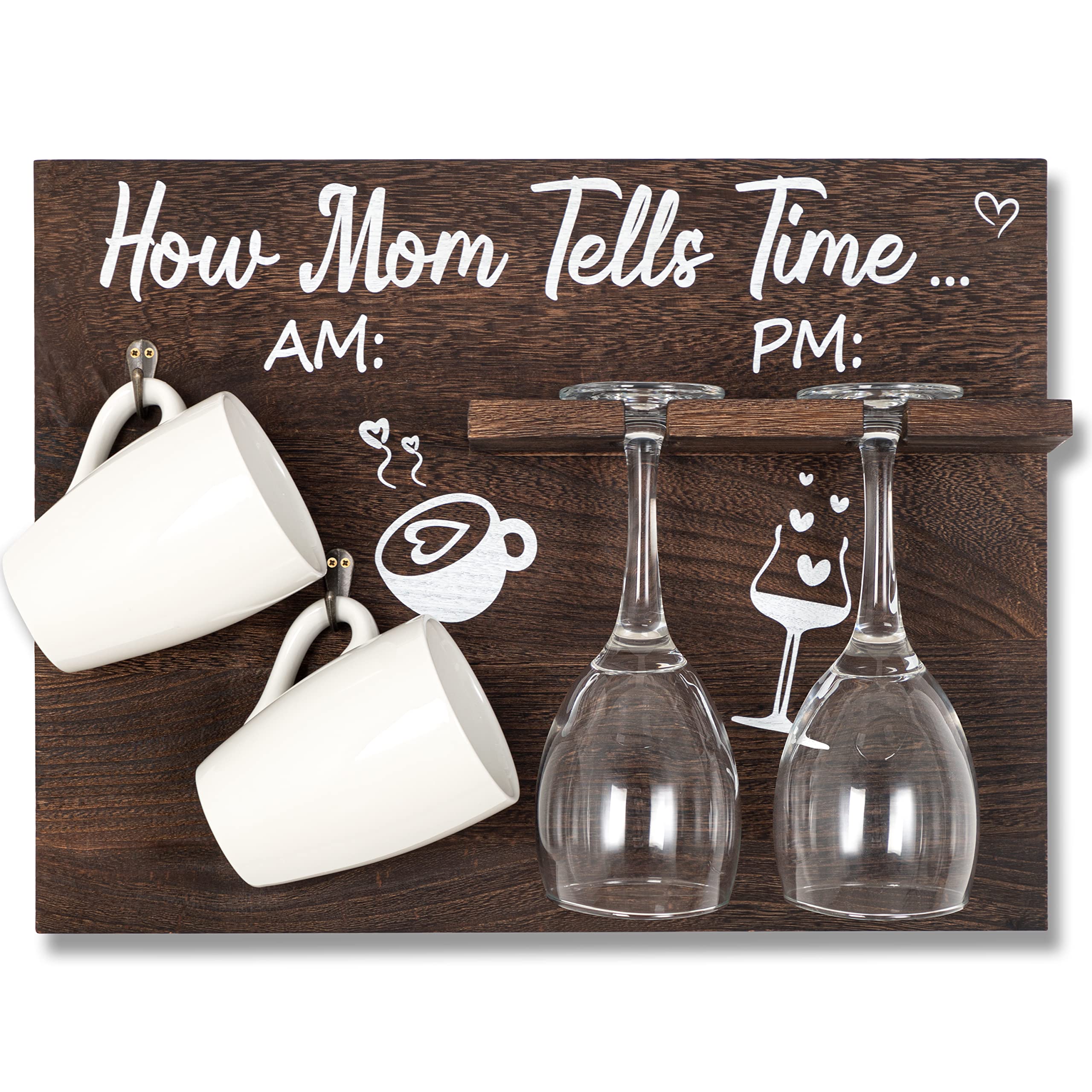 80UncleKimby Mothers Day Gifts for Mom - Funny Wooden Holder for Mother’s Day Gift from Daughter Son Kids Husband Birthday Present(Mugs&Glasses Not Included,Assembly Needed),How Mom Tells Time AM PM