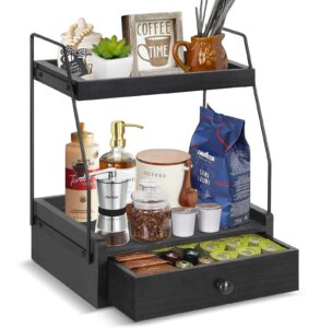 rustic 2 tier coffee bar accessories organizer countertop, coffee station organizer with drawer, coffee pods holder condiment organizer, wood countertop shelf for kitchen spice bathroom organizer