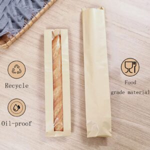 Bewinnd 100 Pack Baguette Bags,Kraft Paper Bread Bags for Homemade Bread, Long French Bread Bags with Clear Front Window(23.5 x 4.3 x 1.6 Inch)