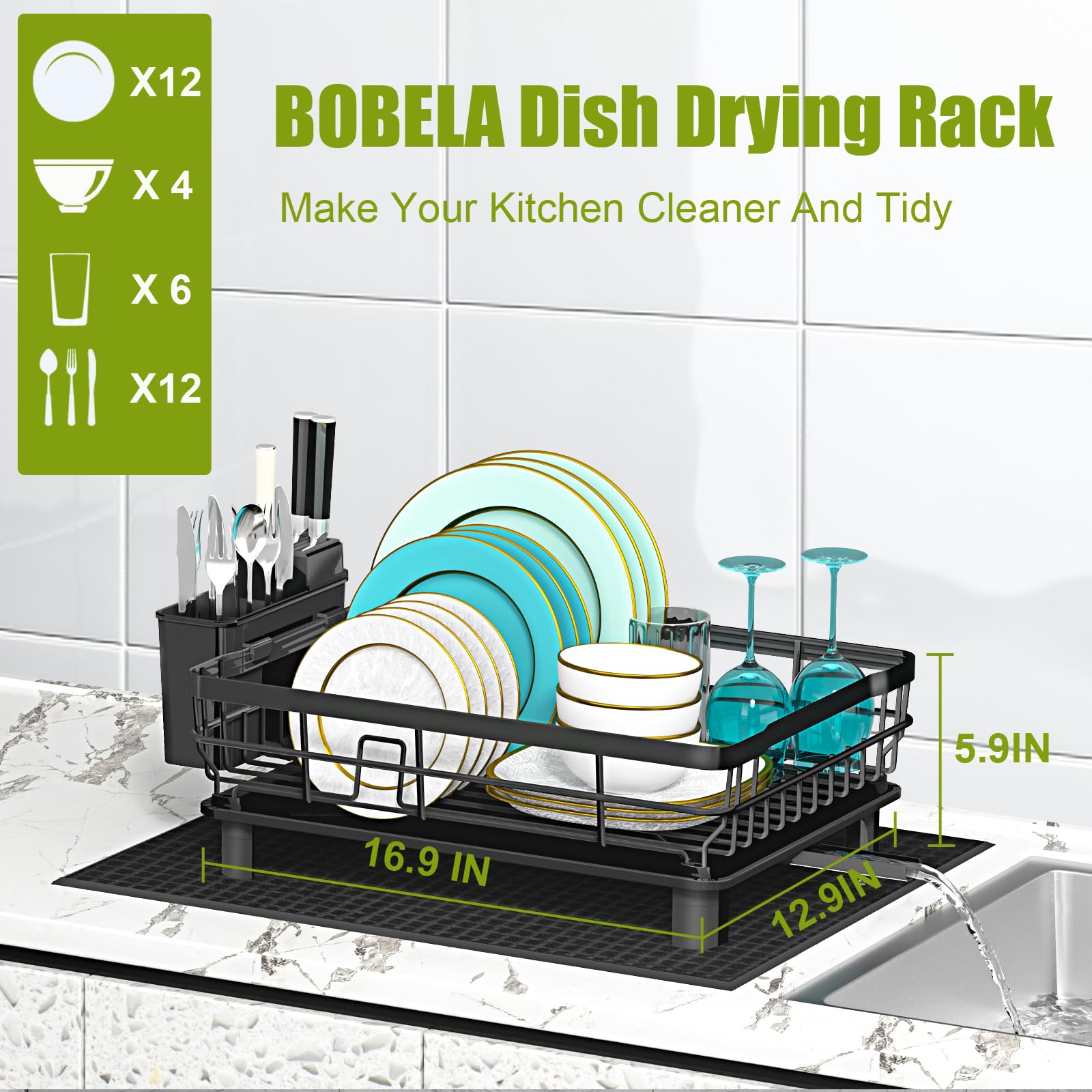 BOBELA Dish Drying Rack,Dish Racks for Kitchen Counter,Dish Drainers with Removable Utensil Holder,Dish Drying Rack with Drainboard and Extra Dish Drying Mat