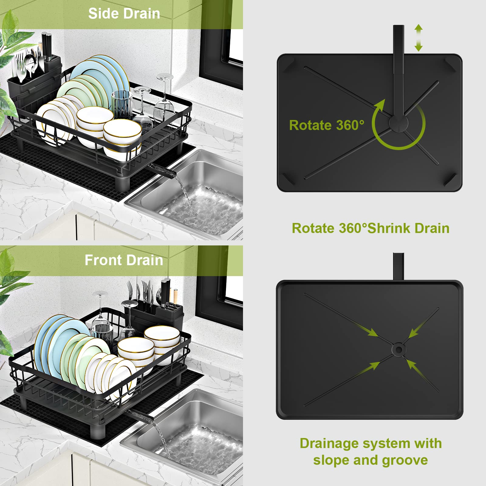 BOBELA Dish Drying Rack,Dish Racks for Kitchen Counter,Dish Drainers with Removable Utensil Holder,Dish Drying Rack with Drainboard and Extra Dish Drying Mat