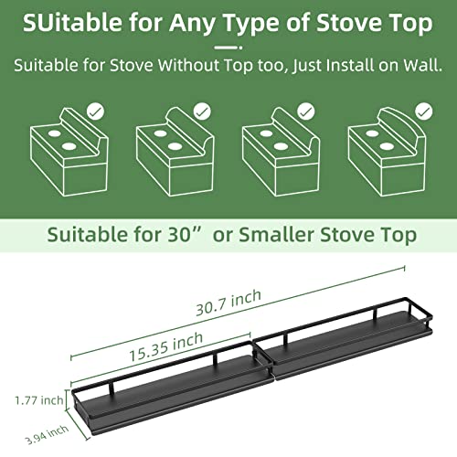 TOPCHASE Stove Top Shelf with Sides, 30” Two-section over The Stove Shelves, Black Stove Top Spice Rack, 3 Ways to Install Kitchen Spice Organizer above Stove, No Magnetic