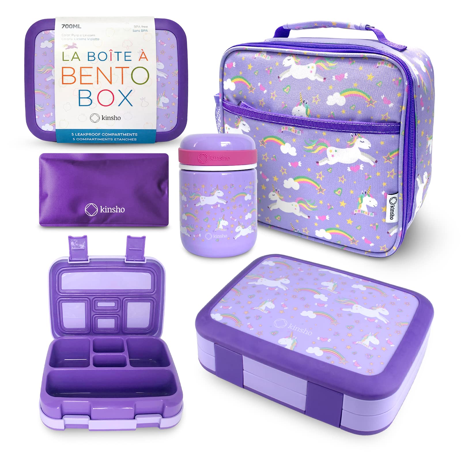 Bento Box, Steel Food Thermos, Insulated Lunch Bag and Ice Pack Set for Kids - 5 Leakproof Compartments, Lunches or Snack Container for Girls, Toddlers Daycare Pre-School, Kindergarten Purple Unicorn