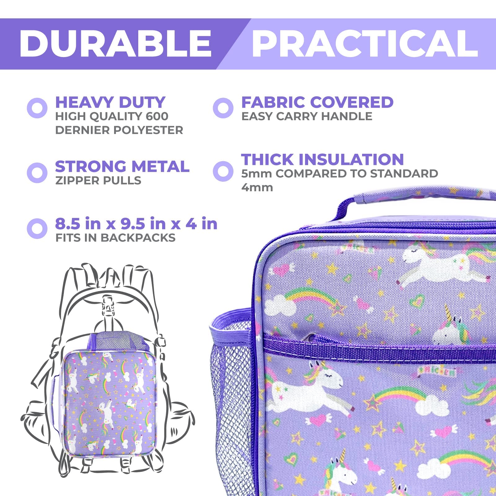 Bento Box, Steel Food Thermos, Insulated Lunch Bag and Ice Pack Set for Kids - 5 Leakproof Compartments, Lunches or Snack Container for Girls, Toddlers Daycare Pre-School, Kindergarten Purple Unicorn