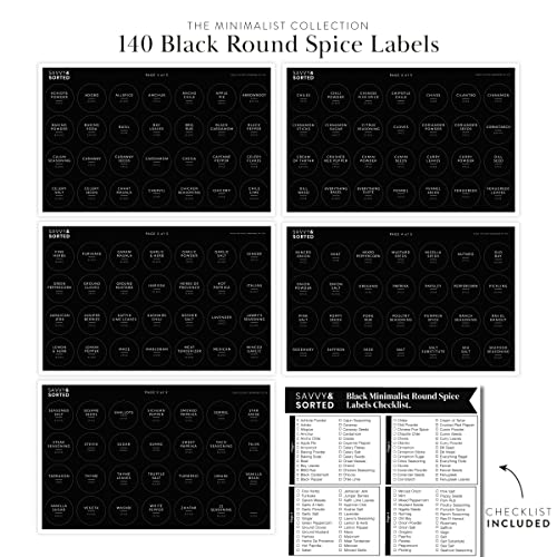 Black Round Spice Labels for Lids - 140 Minimalist Spice Jar Labels for Spice Containers - Waterproof Kitchen Labels for Spice Jars - Spice Organization Labels Herb Seasoning Pantry Labels Spice Rack