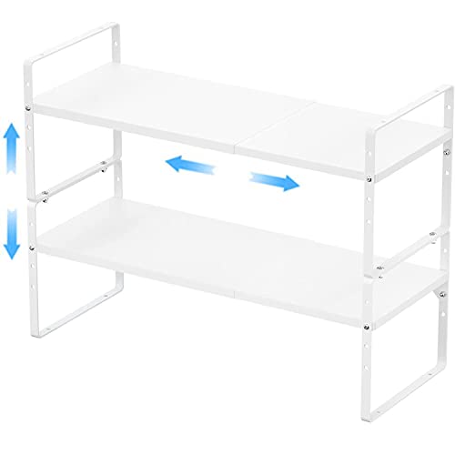 GEDLIRE Expandable Kitchen Cabinet Shelf Organizers 2 Pack, Stackable Metal Pantry Storage Shelves Rack, Adjustable Counter Shelf for Cabinets, Countertop, Cupboard Organizers and Storage, White