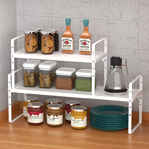 GEDLIRE Expandable Kitchen Cabinet Shelf Organizers 2 Pack, Stackable Metal Pantry Storage Shelves Rack, Adjustable Counter Shelf for Cabinets, Countertop, Cupboard Organizers and Storage, White